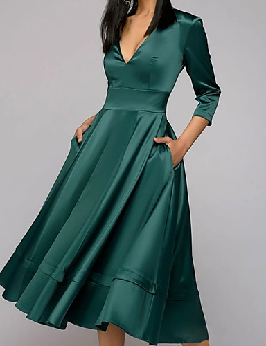 A Line Mother Of The Bride Dress Elegant V Neck Tea Length Satin 3 4