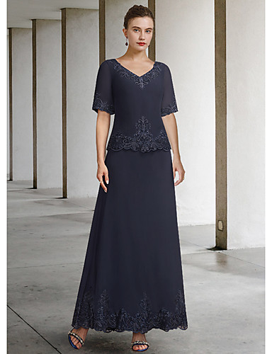 A-Line Mother of the Bride Dress Elegant V Neck Ankle Length Chiffon ...