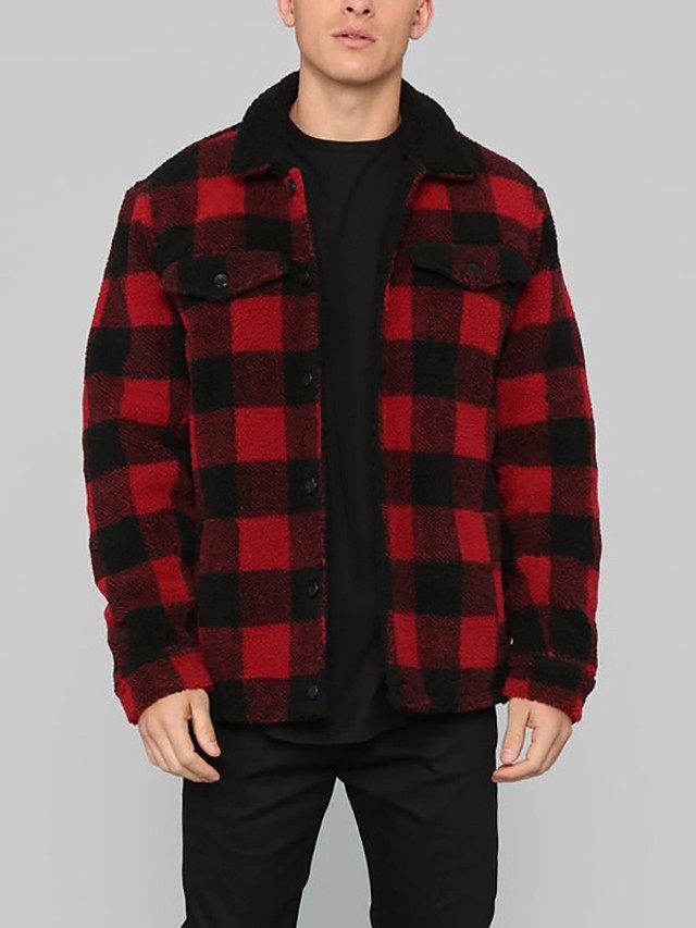Men's Spring Jacket Regular Plaid Daily Basic Black & Red Long Sleeve ...