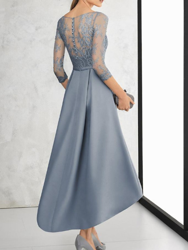 A-Line Mother of the Bride Dress Elegant V Neck Asymmetrical Lace Satin ...